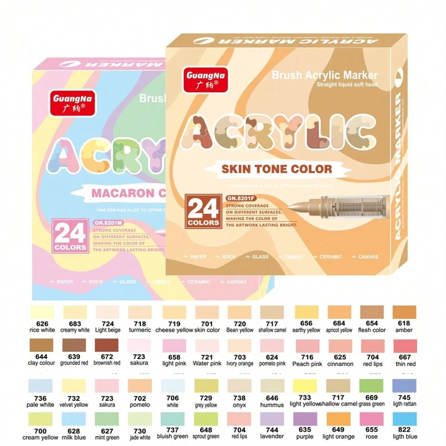 Guang Na 24 Cores Marcador de Acrílico de Ponta Macia e Líquido Reto ...