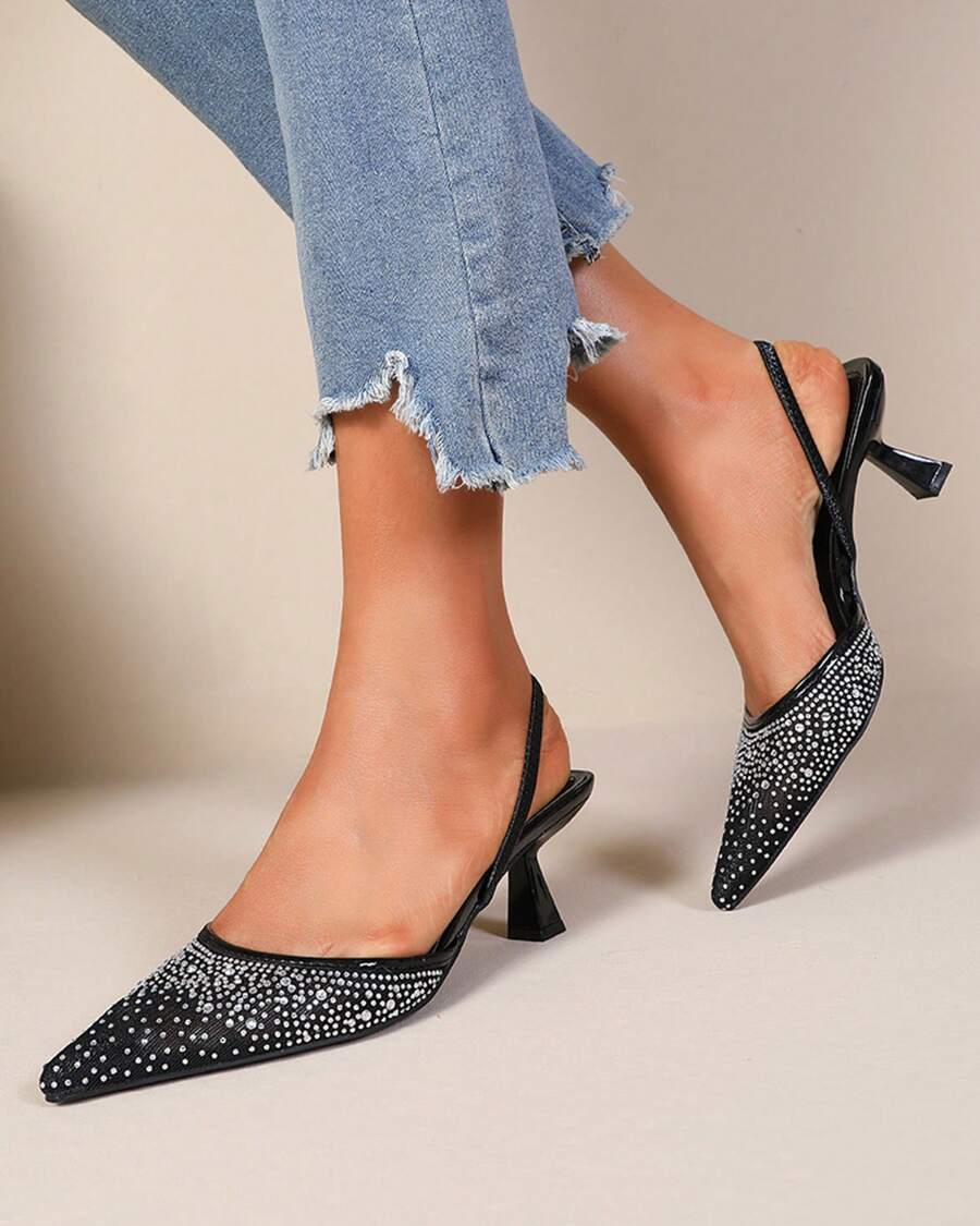 Damen-Partyschuhe mit niedrigem Absatz, spitzer Spitze, Slingback ...