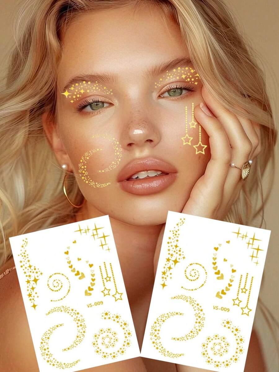2 Sheets Star Temporary Tattoos Moon Face Tattoo Gold Tattoos ...
