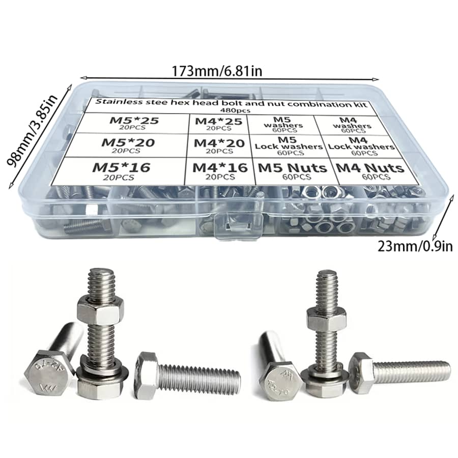 480pcs Stainless Steel Hex Head Bolt And Nut Assortment Kit - M4 M5 X ...