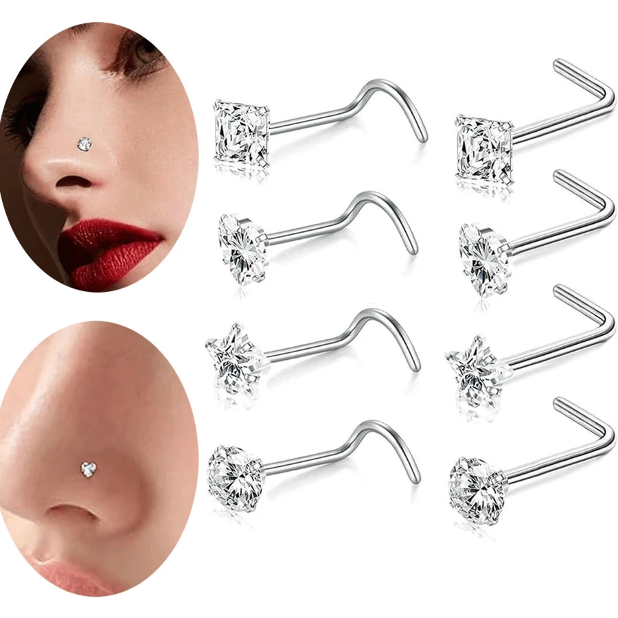 8Pcs Sets 20G Nose Rings Studs For Woman Hypoallergenic Stainless Steel Nose Piercings Jewelry ...