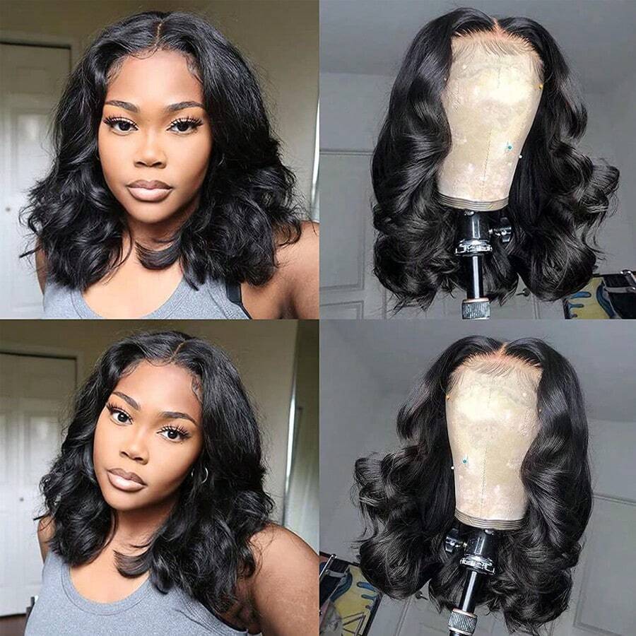 Bob Wig Human Hair Pre Plucked Loose Body Wave T-Part Short Bob Lace ...