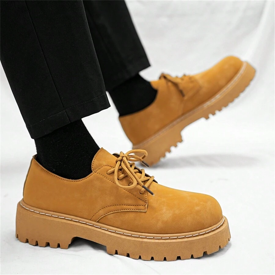 Men's New Low-Top Retro Wide-Toe Leather Platform Increase Height Work ...