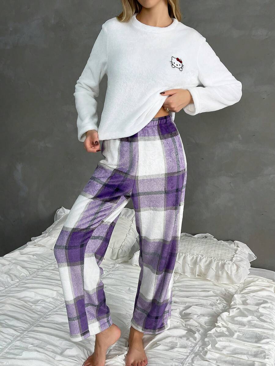 GUKOO ชุดนอน 2 ชิ้น/เซ็ต ผู้หญิงเสื้อและกางเกงลายตารางหนาอุ่น ลายคิตตี้ ...