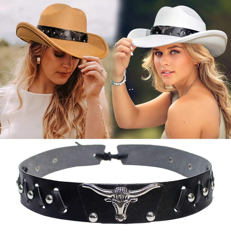 Cowboy Hat With Vintage Bull Leather Replaceable Decor Band, Western ...