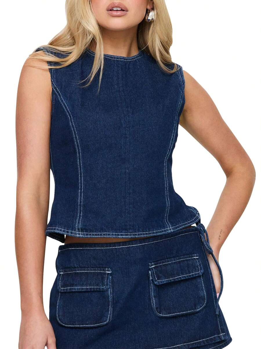 Women's Summer Denim Cami Tops Sleeveless O Neck Backless Bow Fitted ...