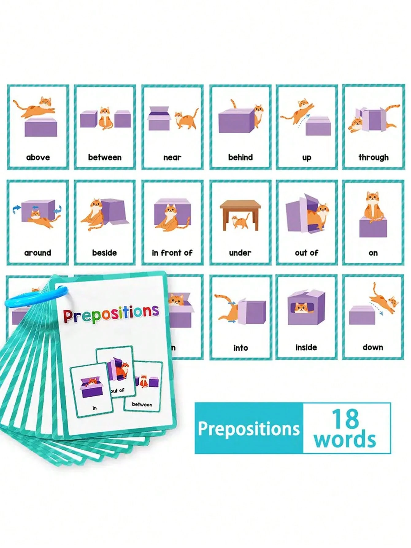 18pcs Preposition Word Flash Cards, English Learning Vocabulary Cards ...