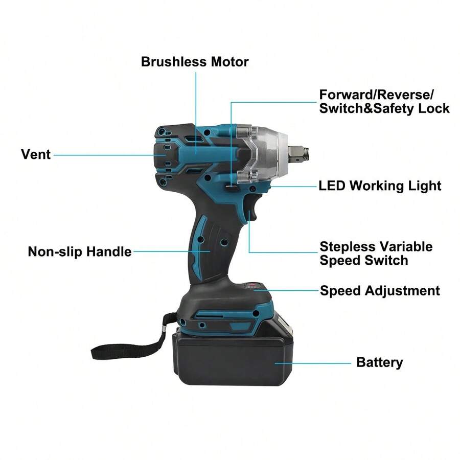 Cordless Electric Impact Wrench Gun 1/2'' High Power Driver With Li-Ion ...