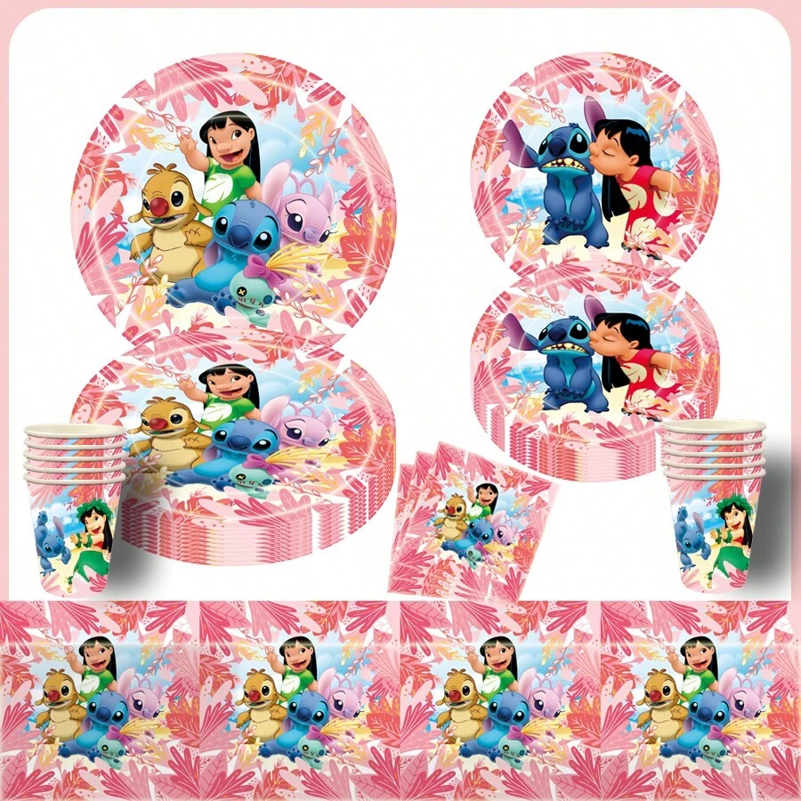 Disney 51 Pieces Official Pink Stitch Themed Birthday Party Dinnerware ...