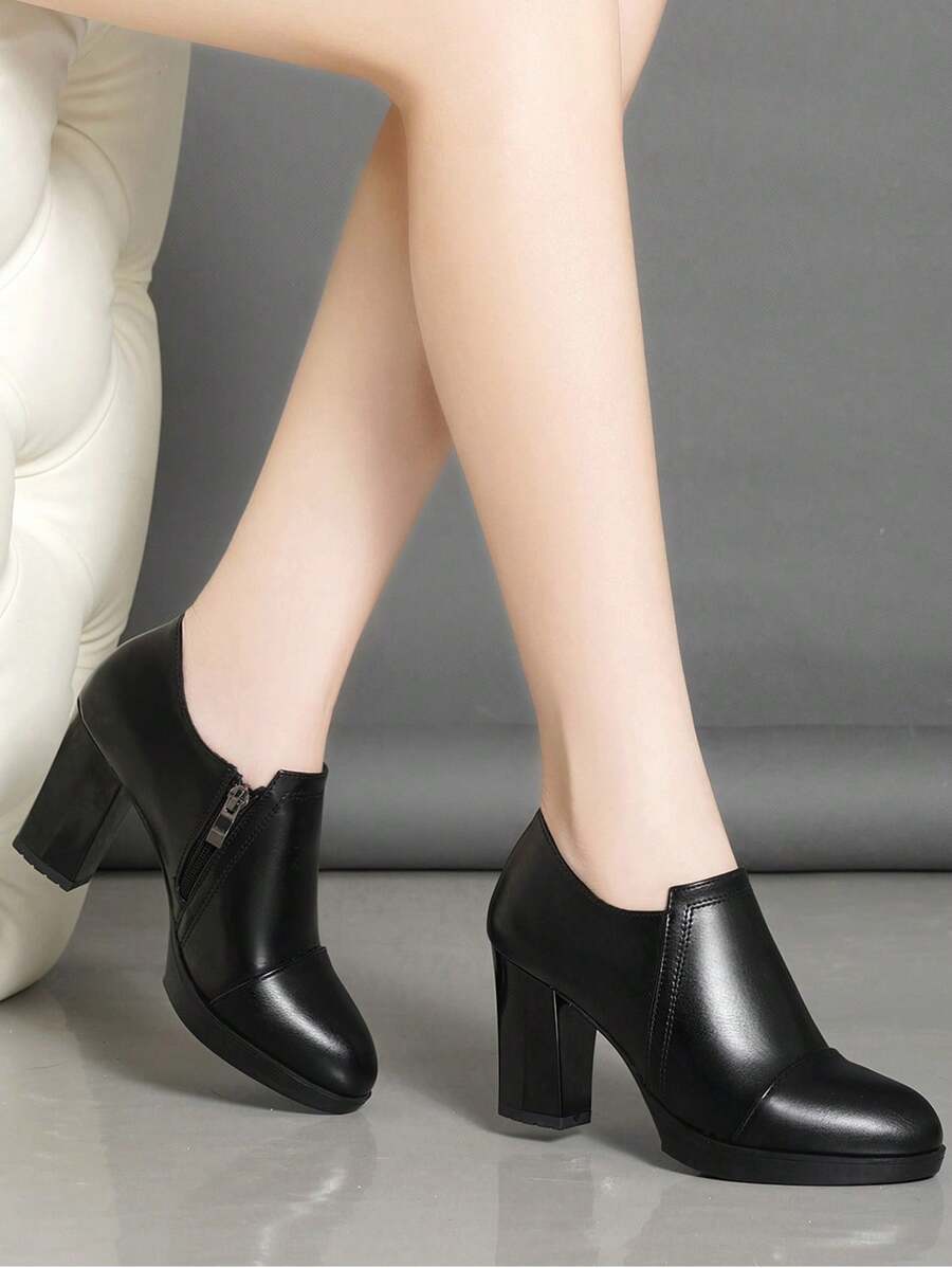 Women's Round Toe Thick Heel Platform Work Shoes Black Leather Pump ...