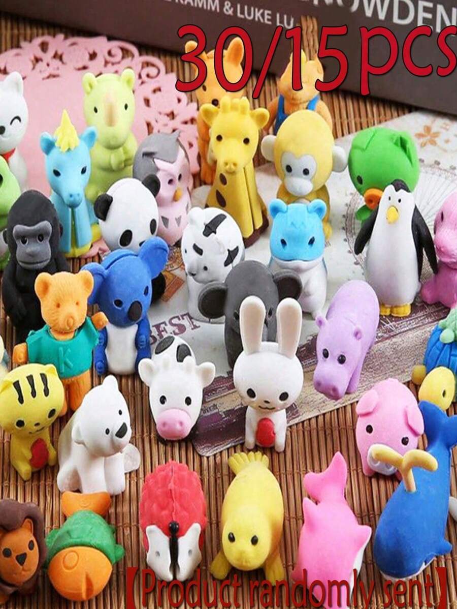 30/15pcs Random Animal Eraser Set For Student's Desk, Pencil, Puzzle ...
