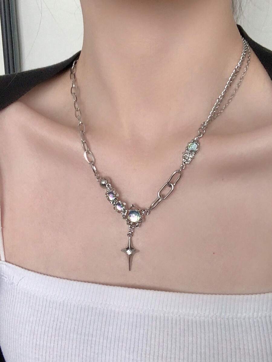 3pcs Set Fashion Glittering Star Necklace, Y2K Crystal Zirconia Cross ...