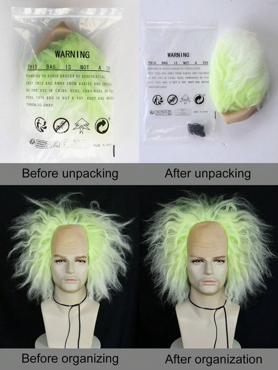 Men's Evil Ghost Costume Bald Wig With Short Curly Green Hair On Sides ...