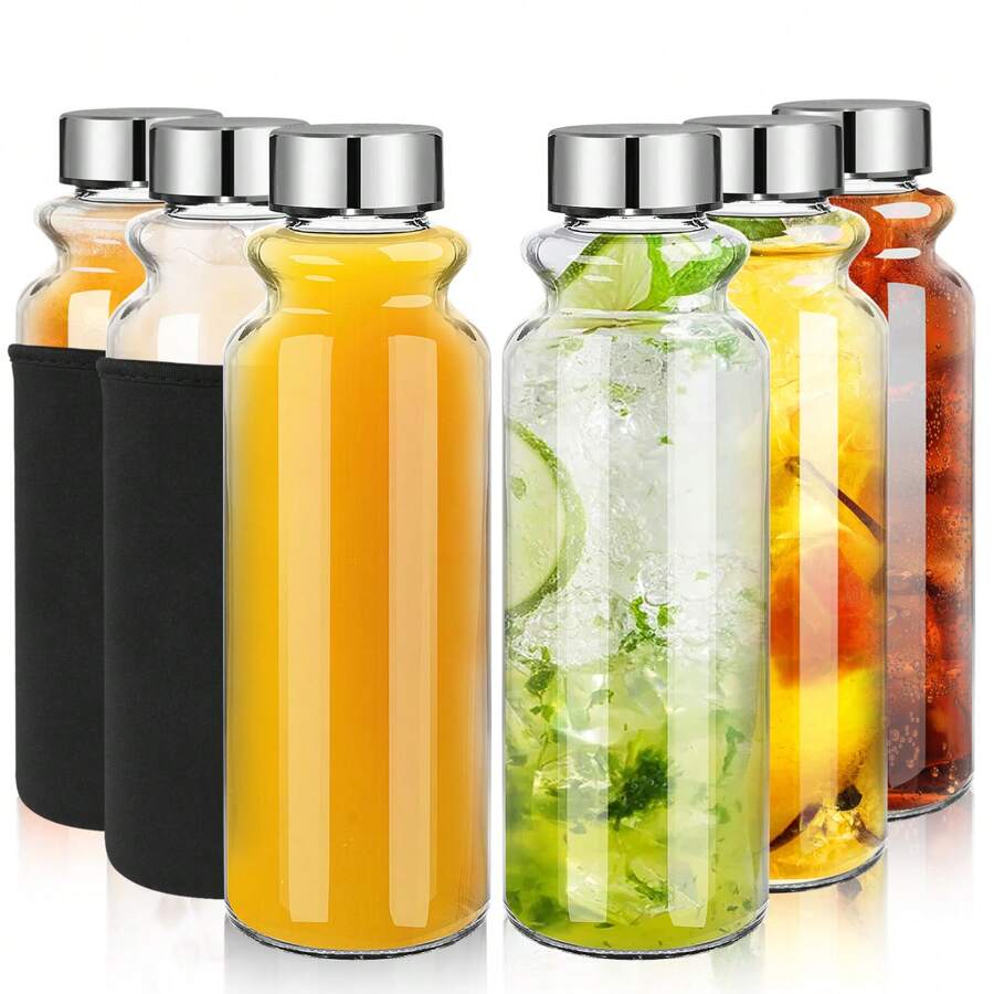 Glass Water Bottles, 6 Packs 18 Oz, Glass Bottles With Lids, Reusable ...