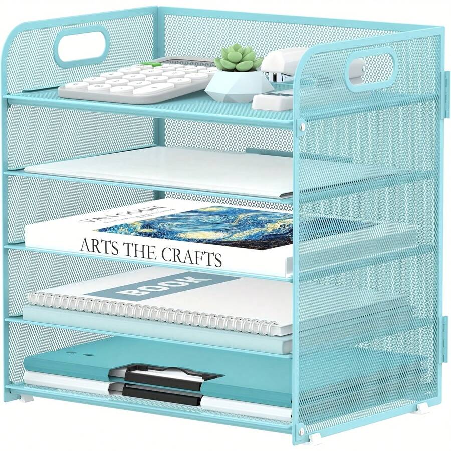 5 Tray Paper Organizer Rack With Handles, Mesh Desktop Document Holder ...
