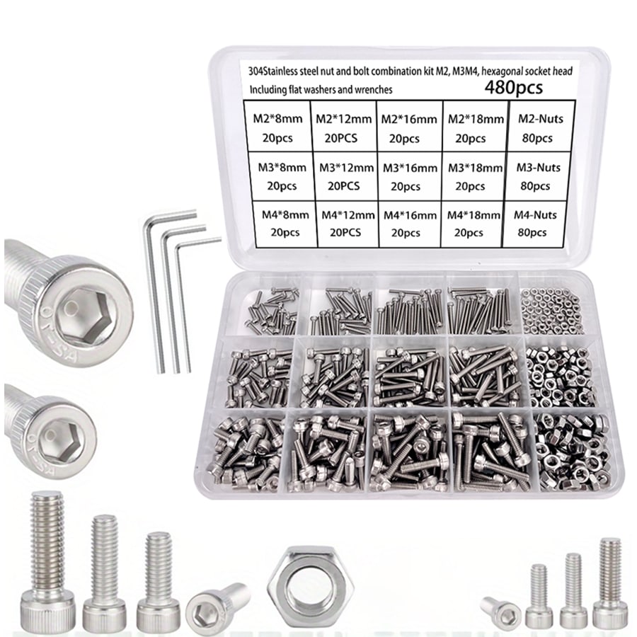 480 pièces Ensemble d'assortiment de boulons et écrous hexagonaux en acier inoxydable - M2, M3 ...