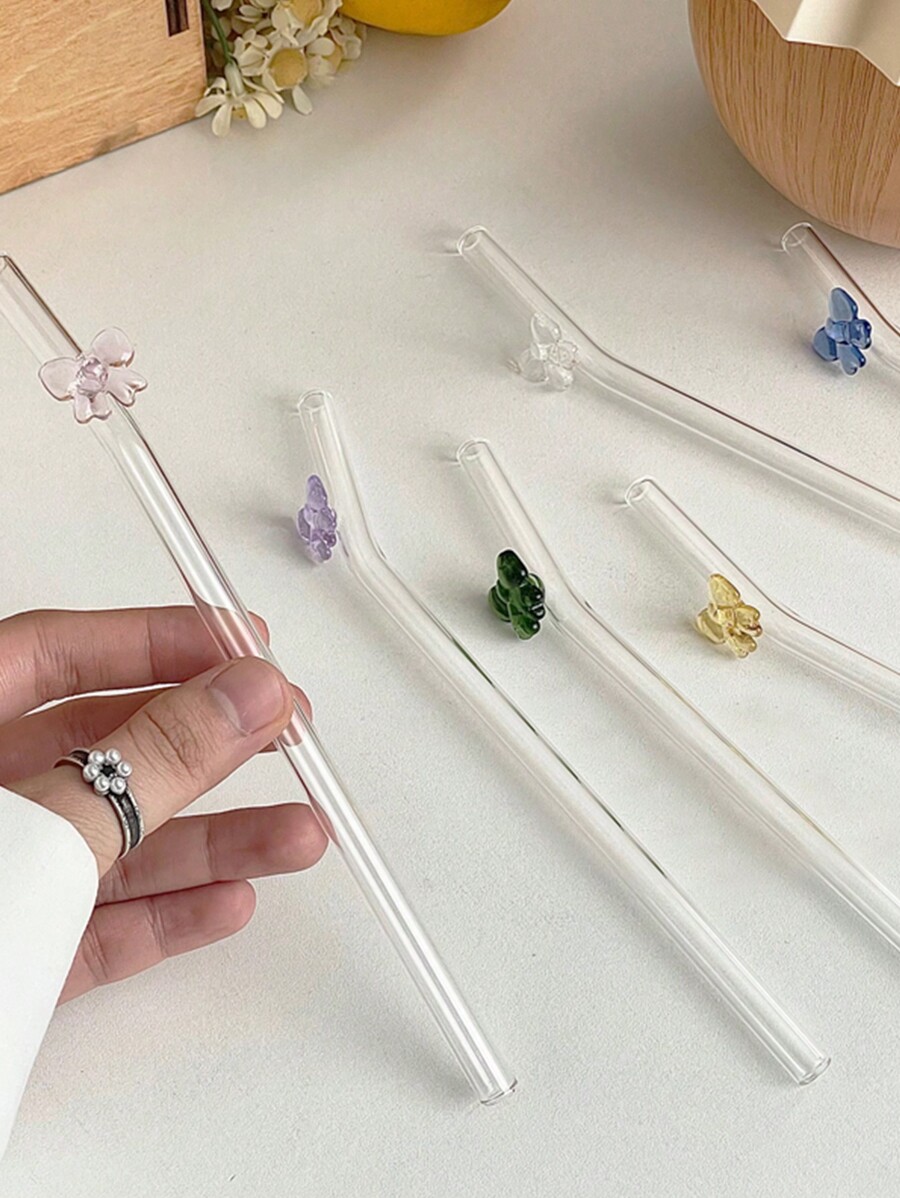 Reusable Cute Bow Glass Straw, Bent Drinking Straw, Transparent Coffee ...