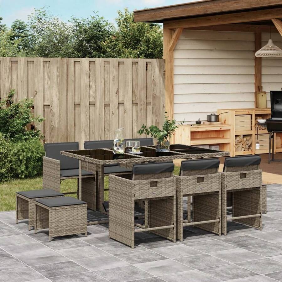 Outdoor 11 Piece Patio Dining Set With Gray Cushions And Poly Rattan ...