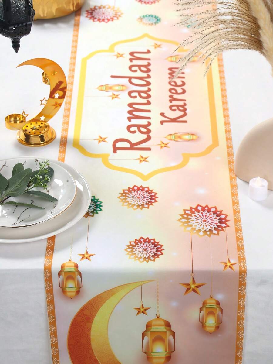 1pc Golden Ramadan Polyester Table Runner, Ramadan Kareem Moon & Star ...