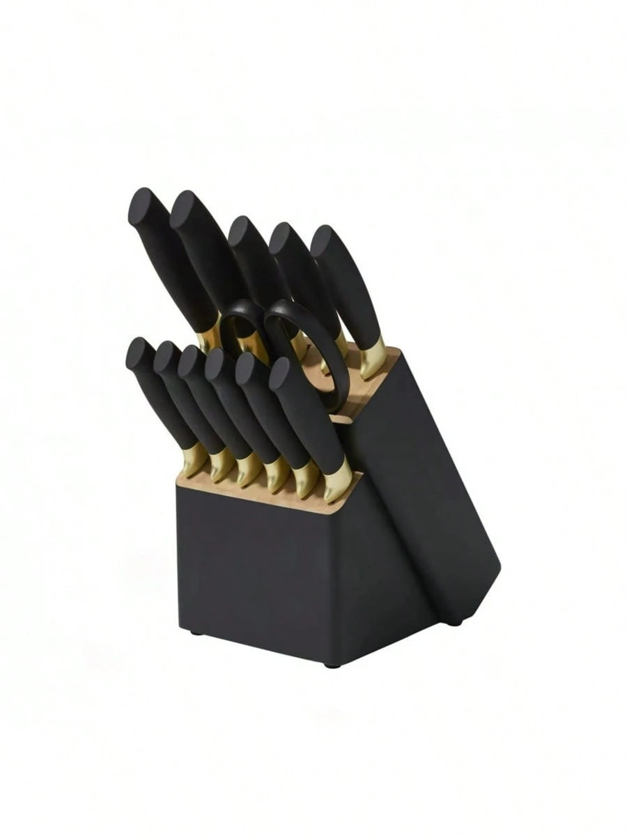 14-Piece White & Gold Knife Block Set With 11x14 Herringbone Wood ...