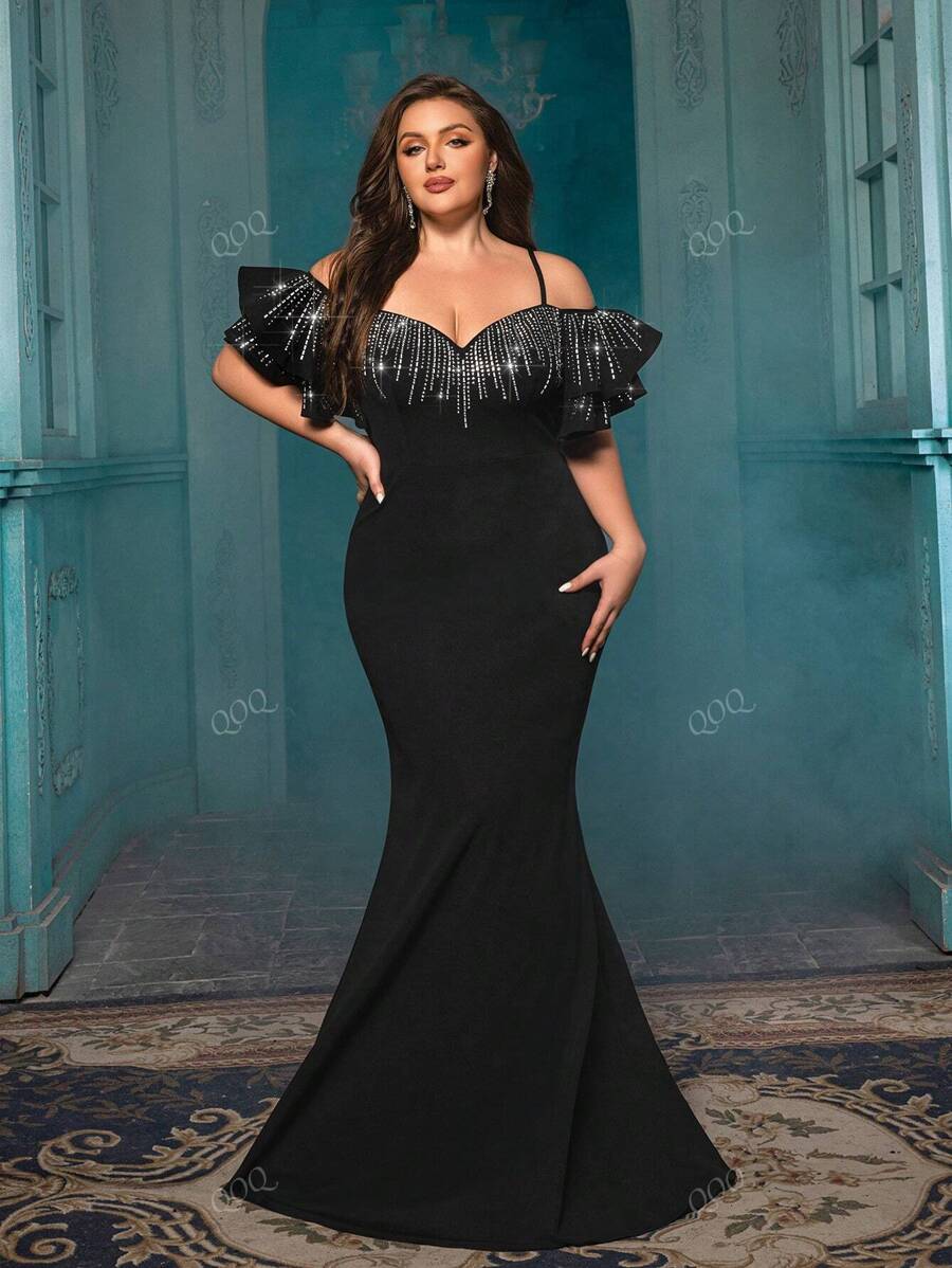 QOQ Elegant Black Plus Size Hot Drill Rhinestone Spaghetti Straps ...