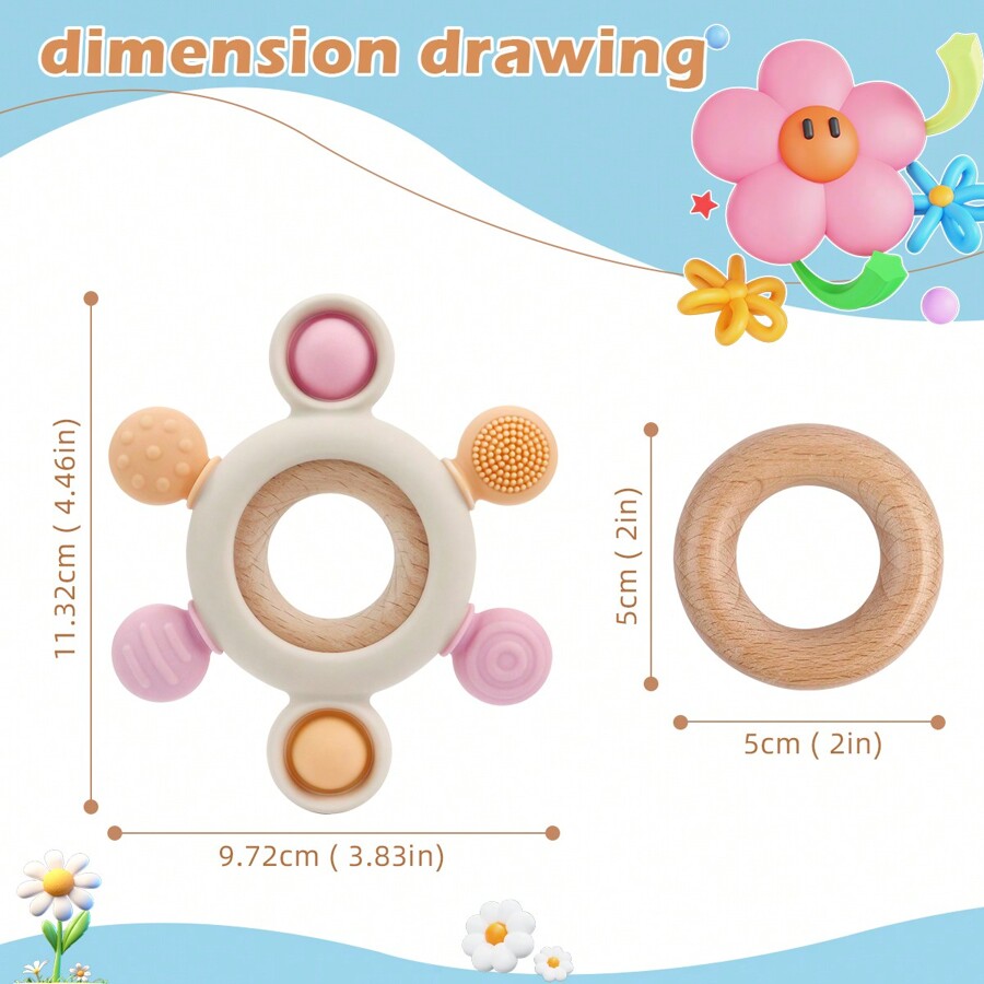 1 Pc Baby Teether – Silicone Teether With Wooden Ring Press Toy ...