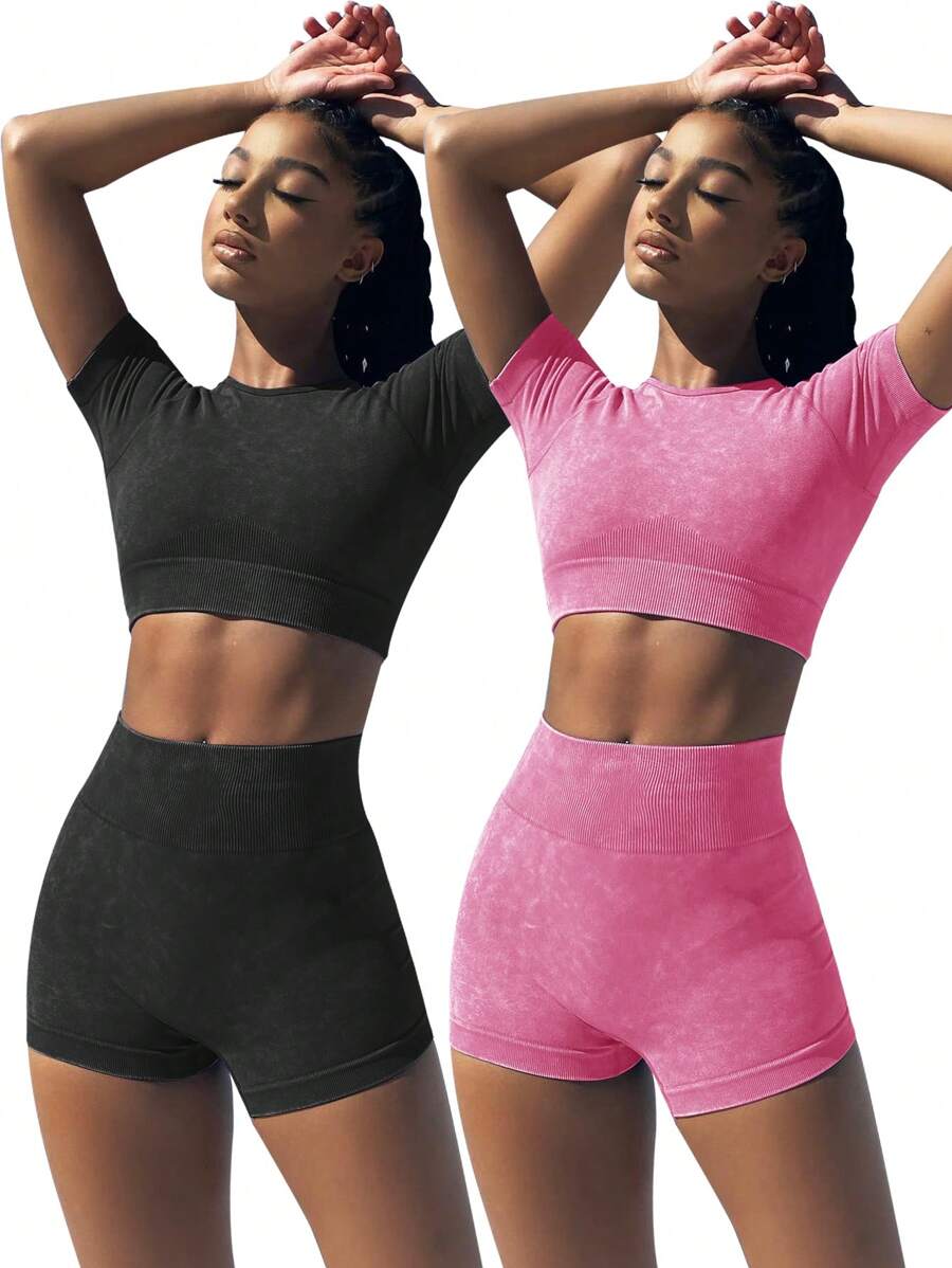 Womens Workout Sets 2 Piece - Seamless Acid Wash Yoga Outfits Shorts And Crop Top Matching Gym ...