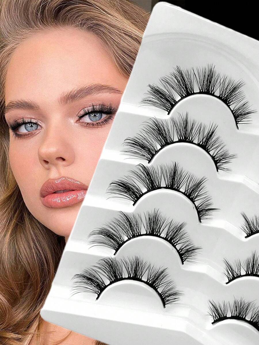 ENCHUW 5 Pairs Lashes Natural Look Wispy Faux Mink Eyelashes Fluffy ...