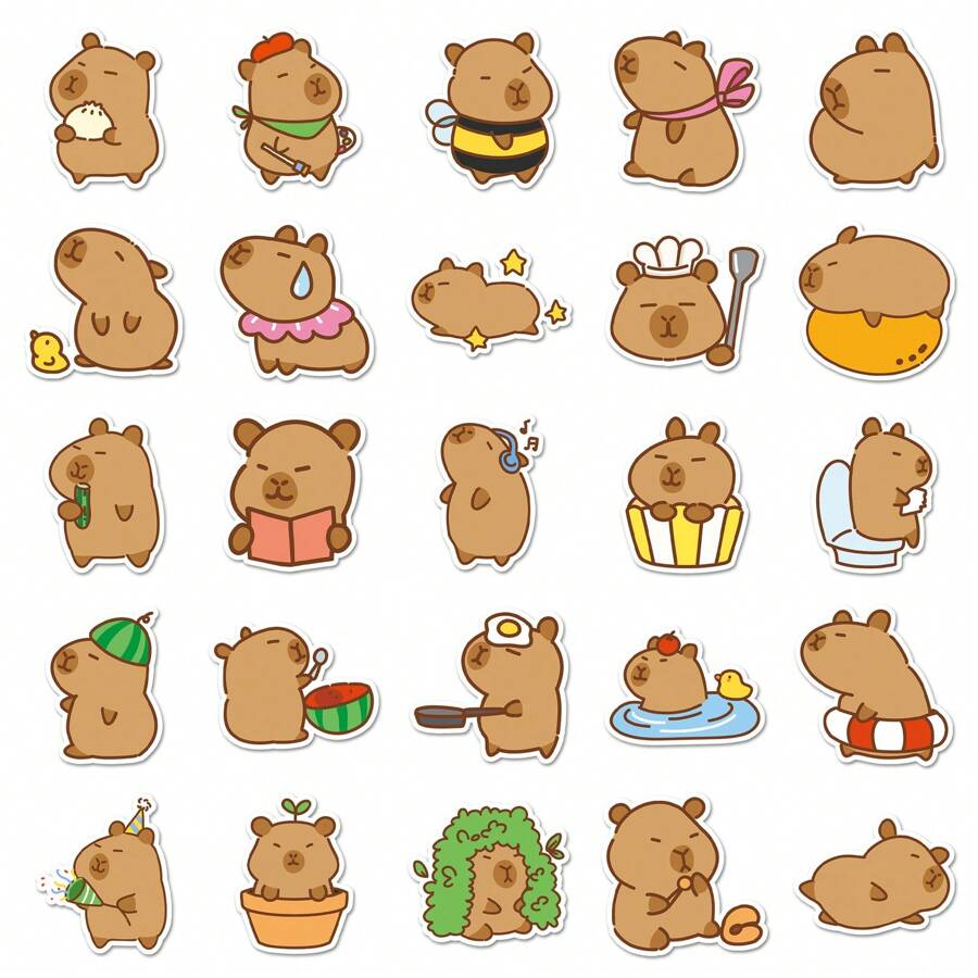 51pcs Cute Handdrawn Capybara Sticker Set, Cartoon Animal Decor For ...