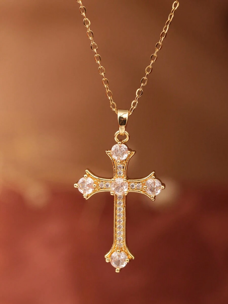 1pc 18K Gold Plated Luxurious Cross Design Necklace With 5 Big ...