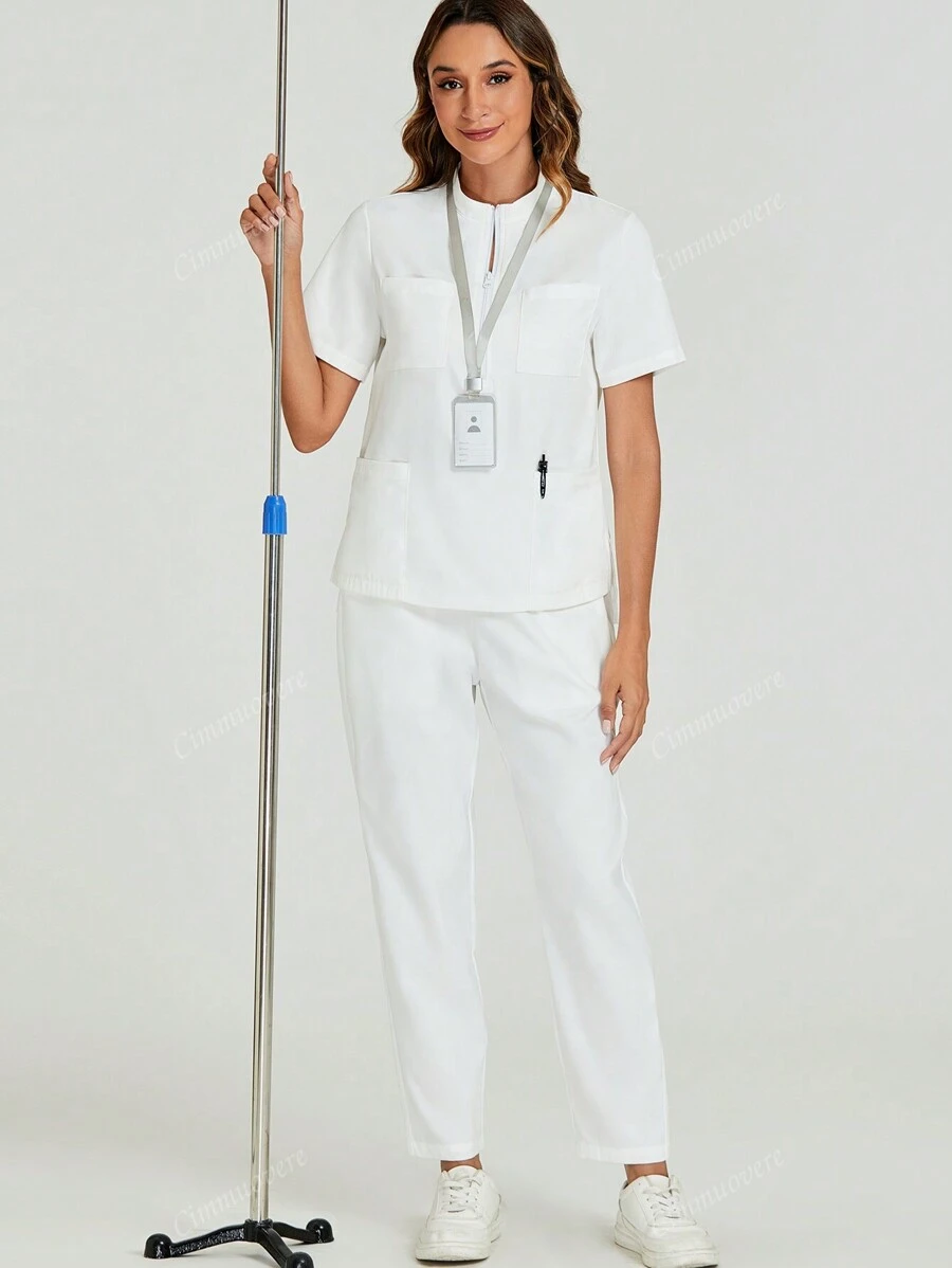 cimmuovere Short Sleeve Lab Coat Nurse Uniform Set, Healthcare Staff ...