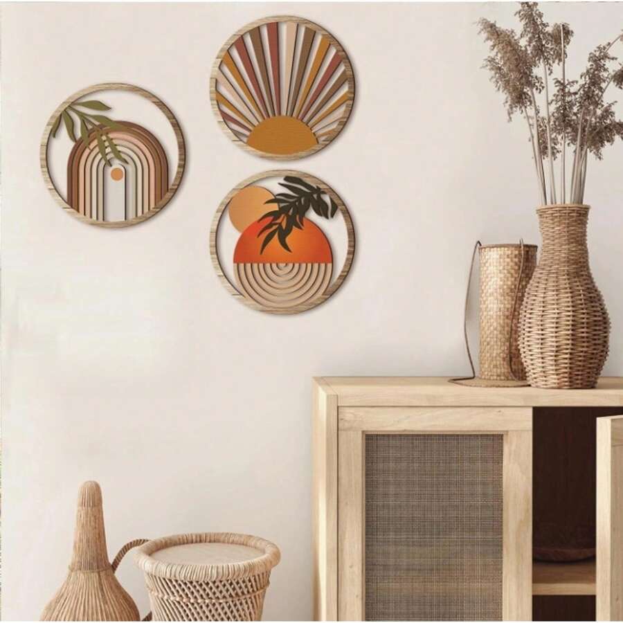 3pcs Boho Wall Art Wooden Bohemian Wall Decor Hanging Art Wall Decor Farmhouse Geometric Hanging ...