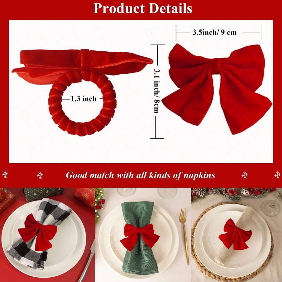 2-Piece/4-Piece Set Of Elegant Metal Velvet Napkin Rings, Red Bow Solid ...