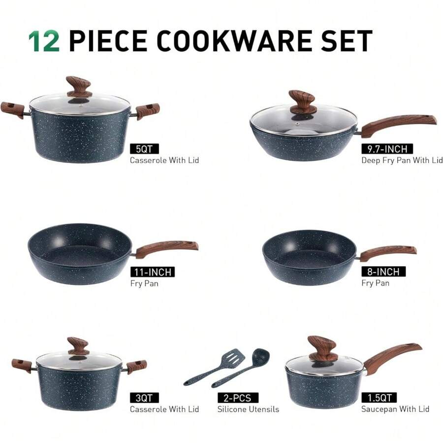 Kitchen Academy Induction Cookware Sets - 12 Cooking Pan Set, Granite Black Nonstick Pots And ...