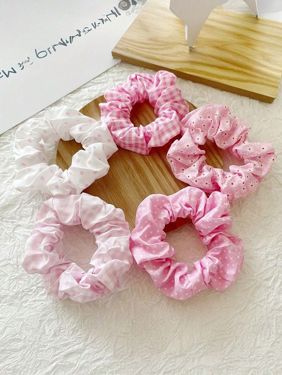 5 Packs Pink Spotted Plaid Women's Elegant Casual Cute Hair Scrunchies ...