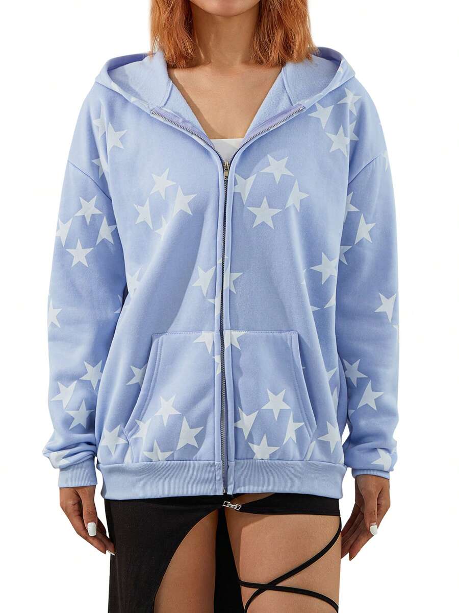 Womens Y2K Long Sleeve Hoodies Zip Up Star Graphic Track Jackets Hip ...