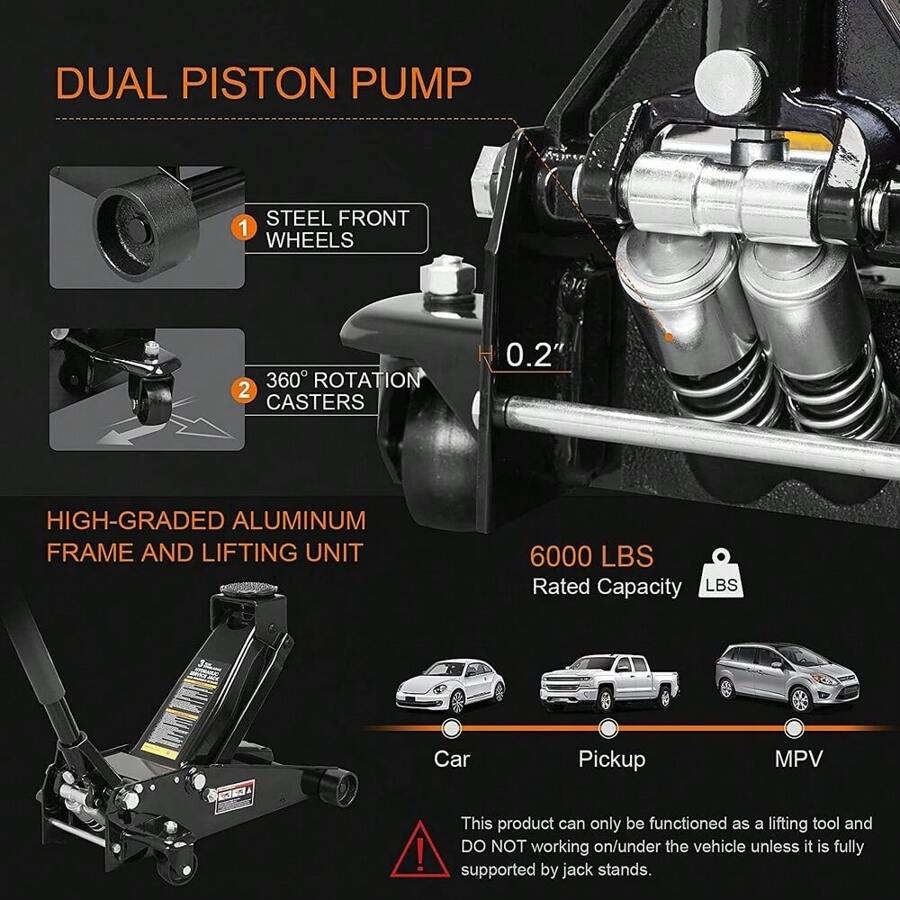 Torin Hydraulic Steel Service Floor Jack Dual Quick Lift Pump, Black, 3 ...