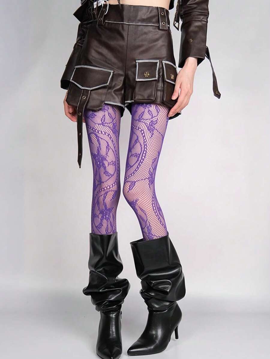 1 Pair Women's Sexy Dark Spider Web Jacquard Pantyhose, Fishnet ...