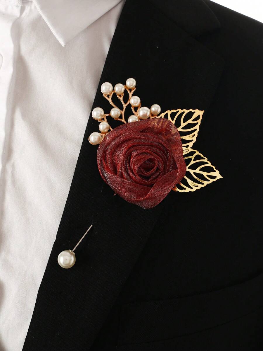 1pc Chest Flower + 1pc Wrist Flower Unisex, Navy Blue Rose With Gold ...