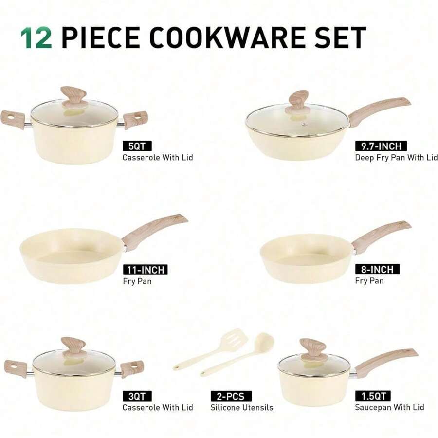 Kitchen Academy Induction Cookware Sets - 12 Piece Green Cooking Pan Set, Granite Nonstick Pots ...