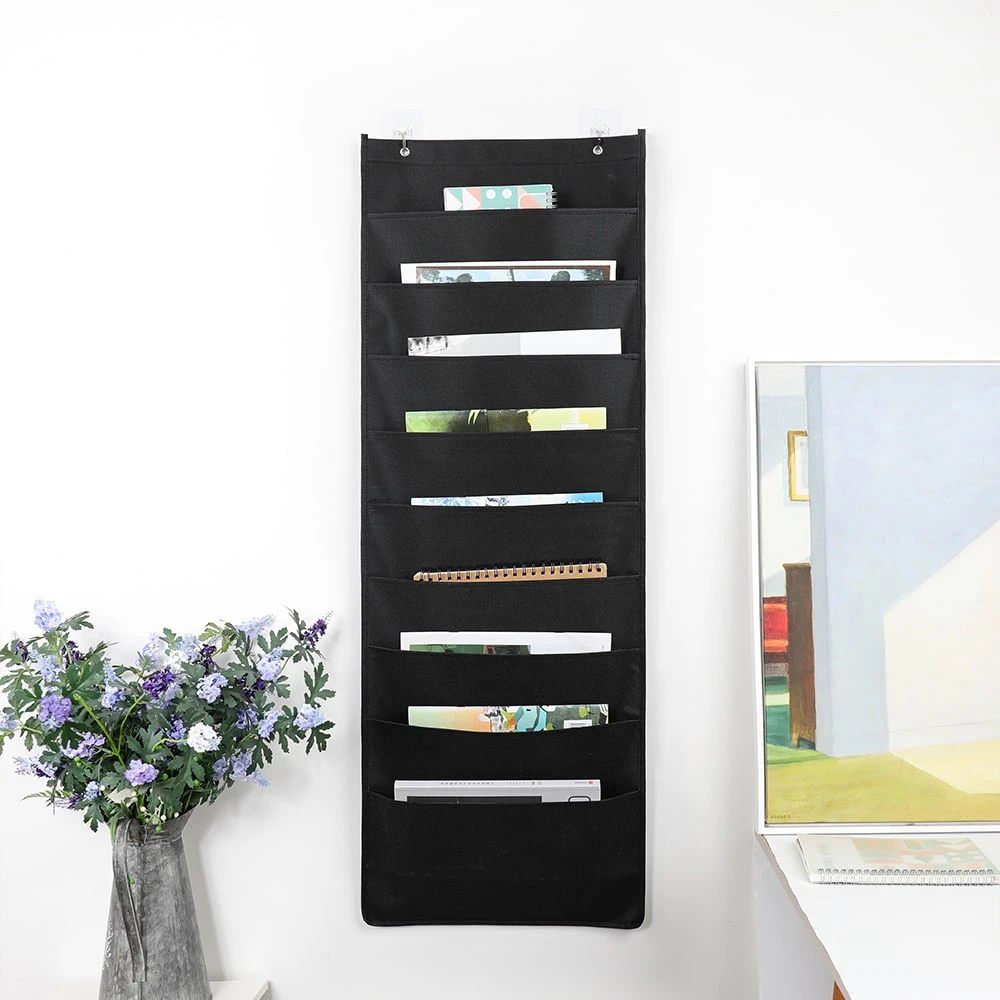 9-Pocket Wall Hanging File Organizer, Black Wall Storage Pockets With 2 ...