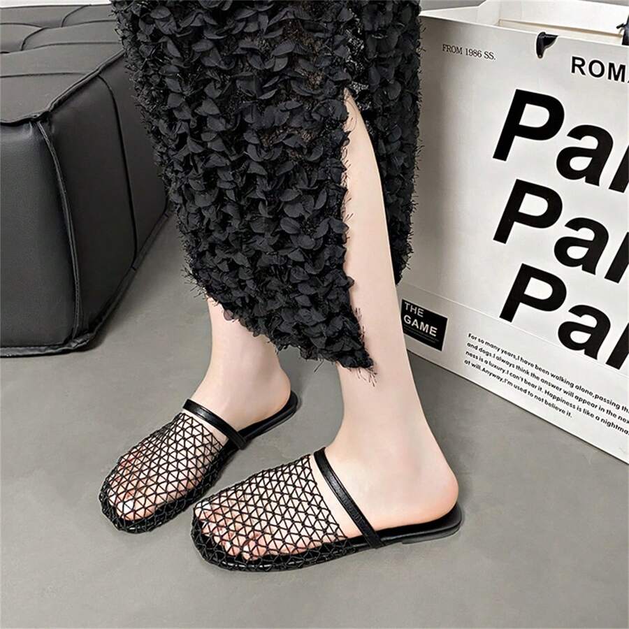 Bandage Back Fishnet Flat Sandals, Roman Style, Hollow Out, Comfortable ...