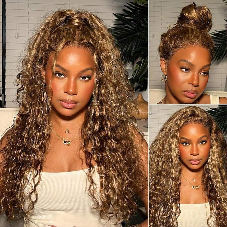 #4P27 Highlight 13x4 Transparent Lace Frontal Wigs Highlight Curly Lace ...
