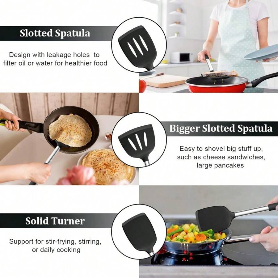 Set Of 4, Silicone Solid Spatulas Slotted Spoons Turners For Non-Stick ...
