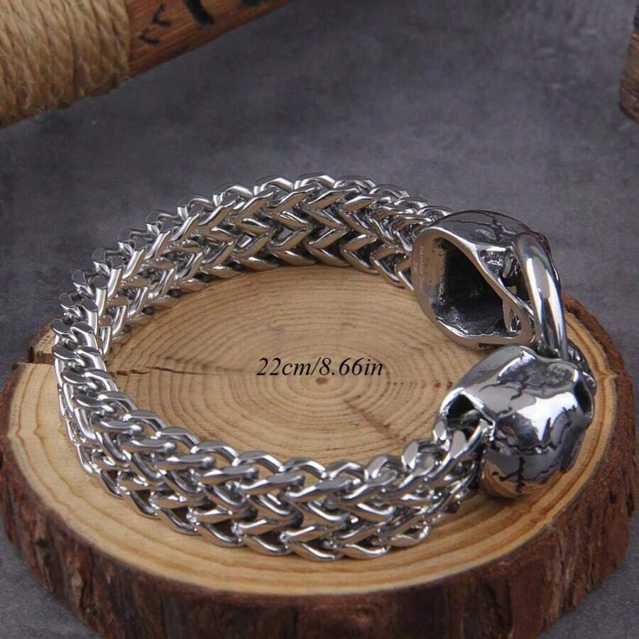 Stainless Steel Nordic Double Wolf Head Bracelet Men's Retro Punk Mesh ...