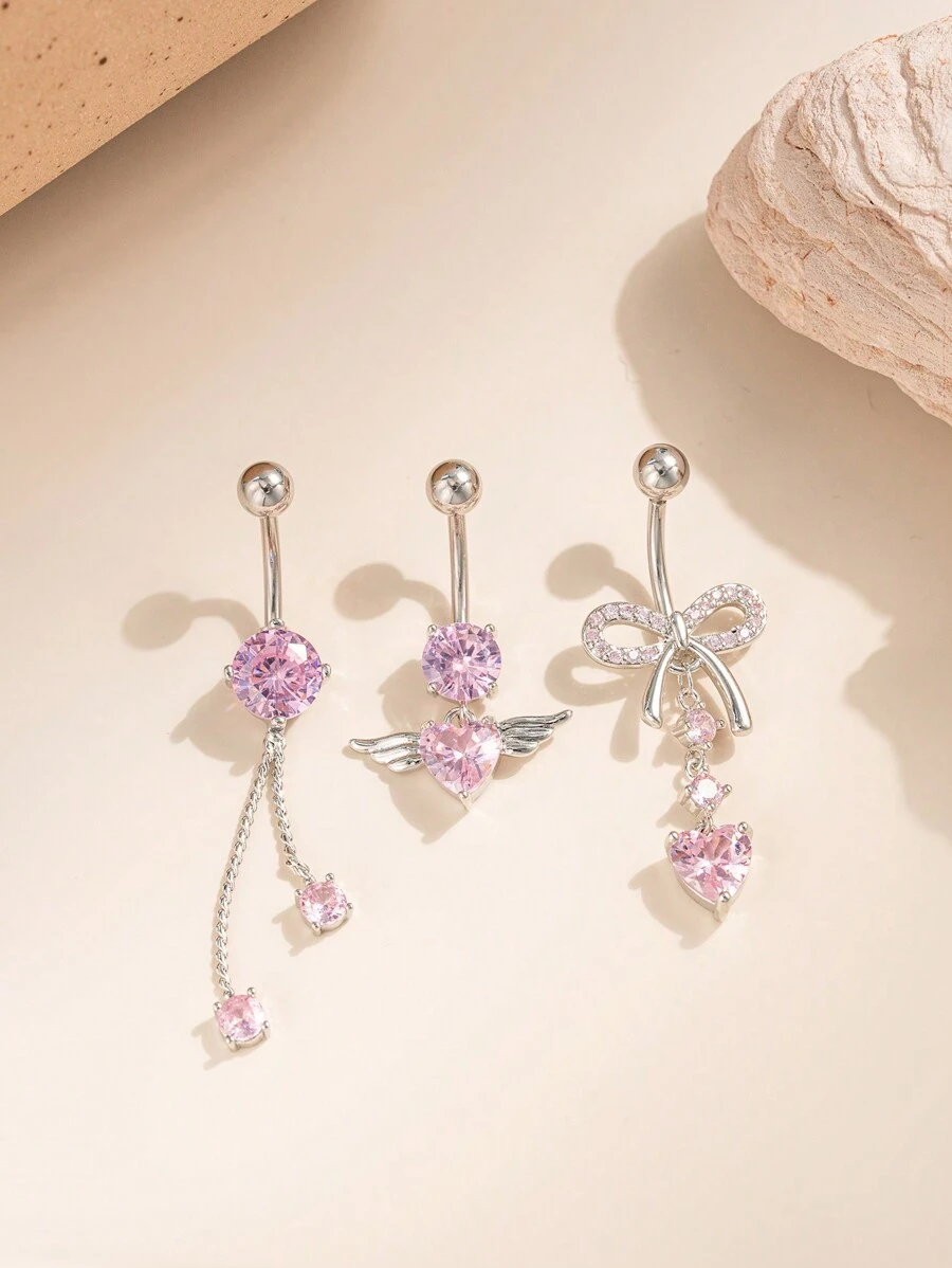 3pcs Stainless Steel Belly Button Ring Hanging Cute Pink Belly Button Jeweled Heart Bow Belly ...