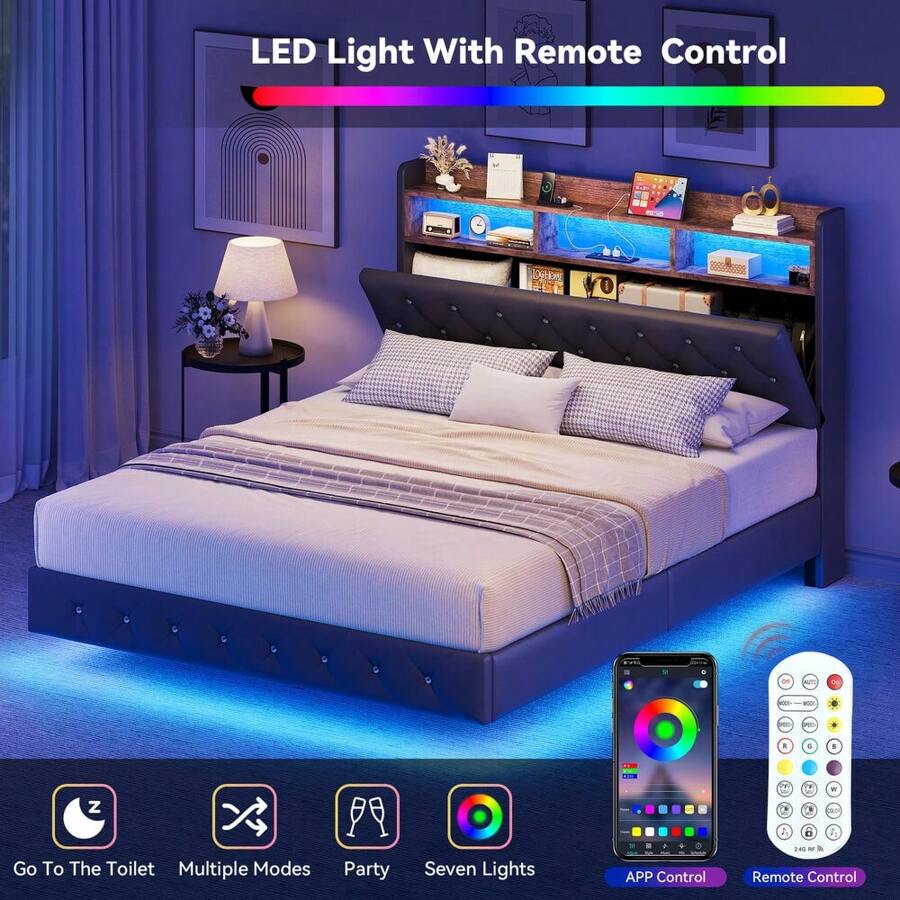 Floating Bed Frame With Charging Station And Hidden Storage Headboard ...