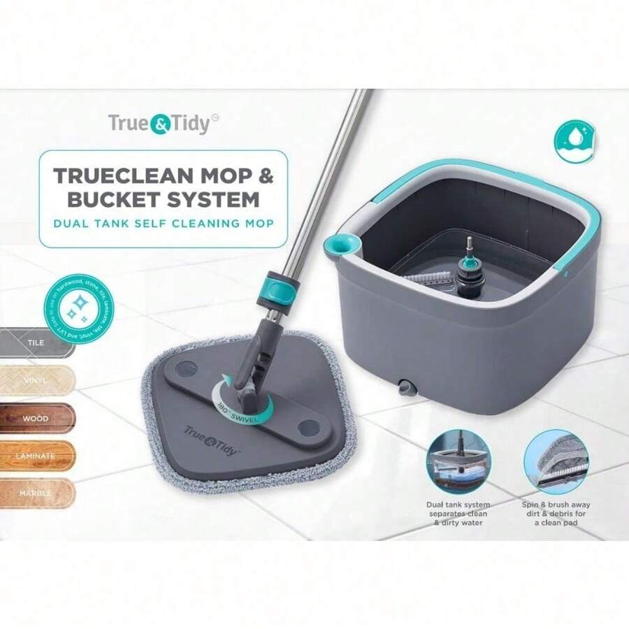 True & Tidy True Clean Mop And Bucket System, Includes Square Spin Mop ...