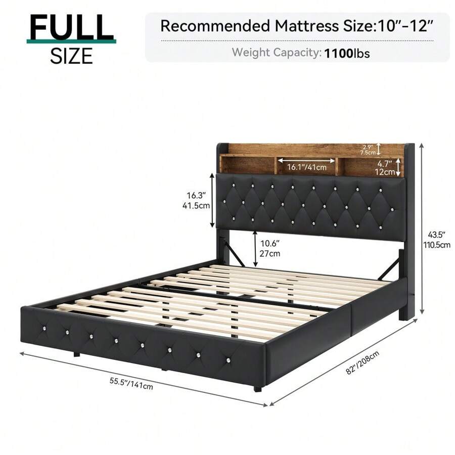 Floating Bed Frame With Charging Station And Hidden Storage Headboard ...