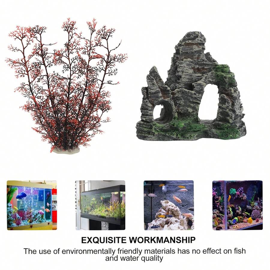 Aquarium Fish Tank Plastic Plants And Cave Rock Decorations Decor Set 7 ...